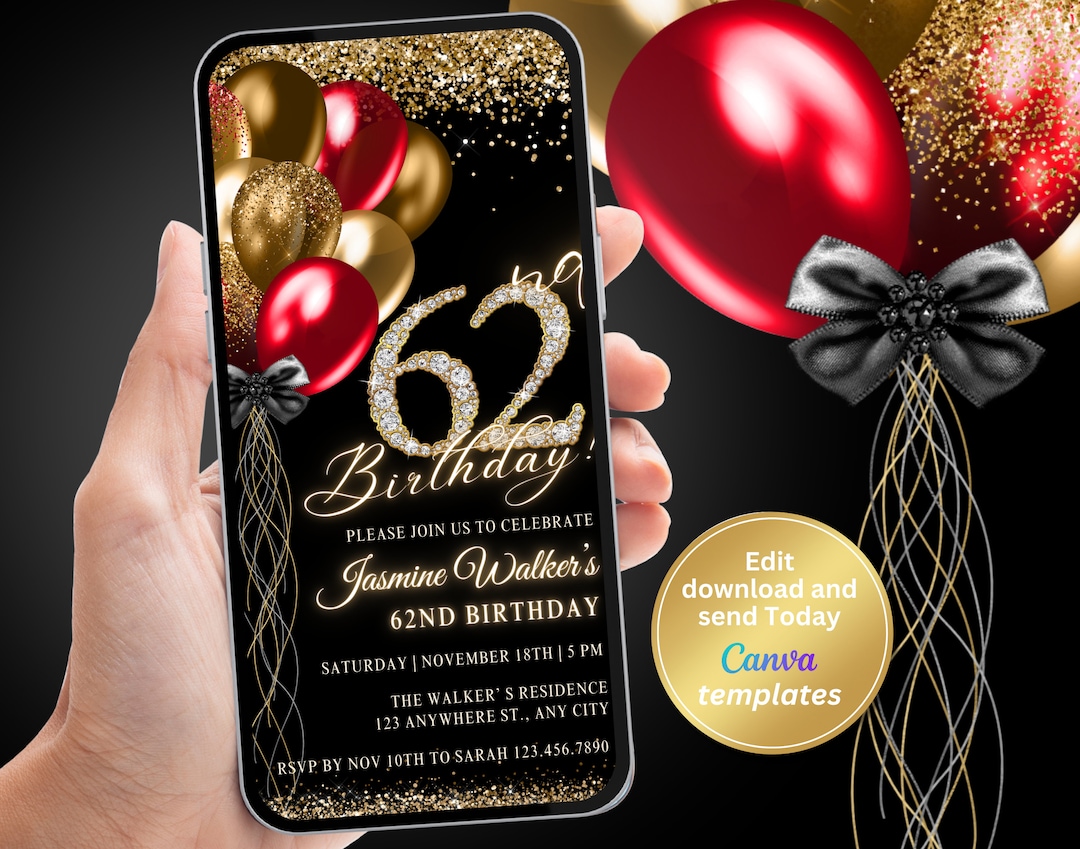 Digital 62nd Birthday Party Invitation, Women Birthday Invite, Red Gold ...