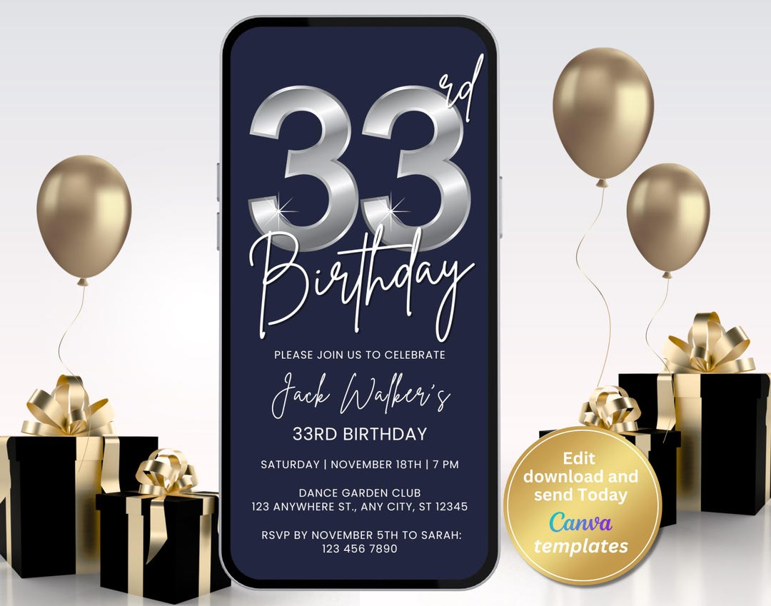 33rd Birthday Party Invitation, Navy Blue and Silver Digital Invite ...