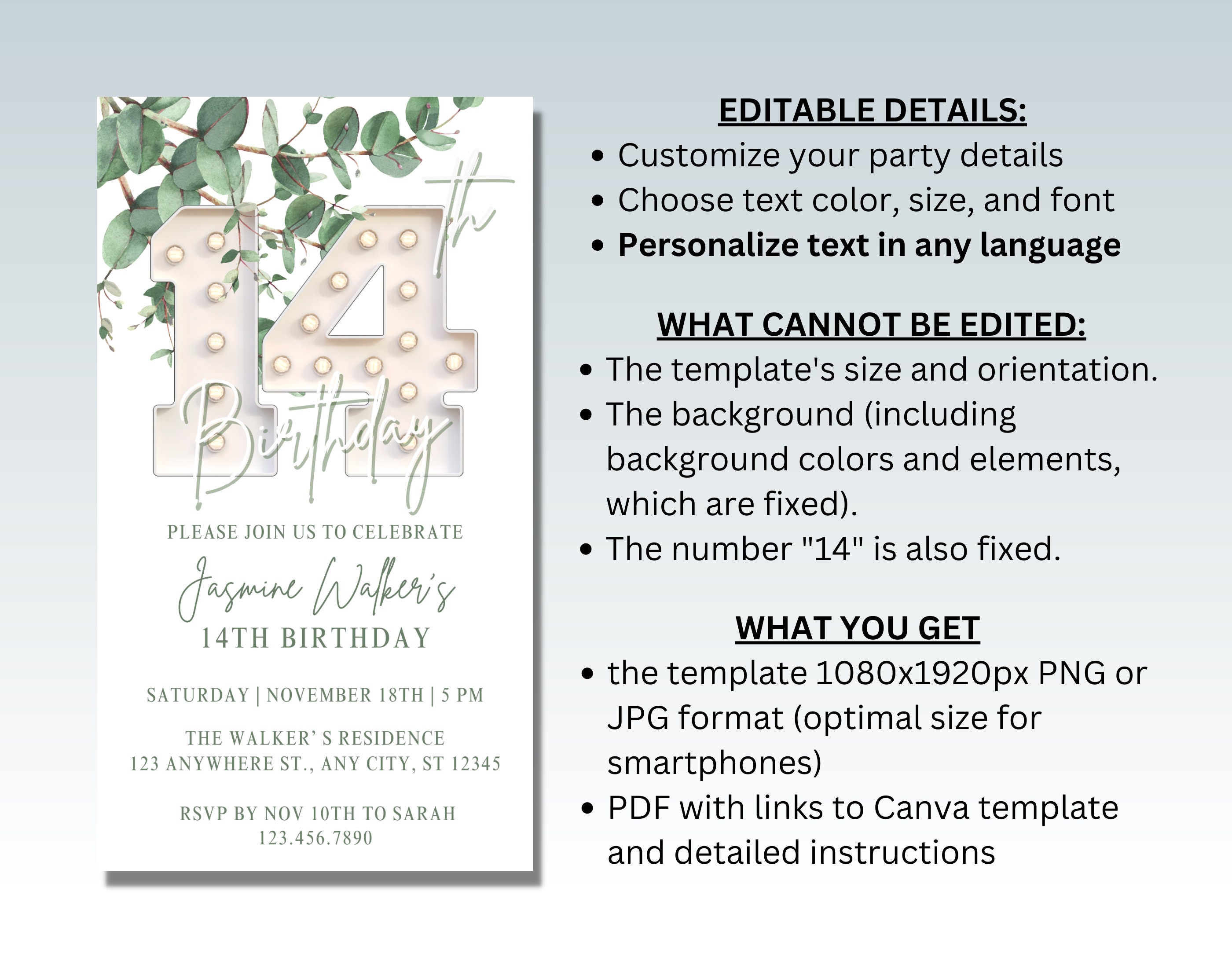Teen Girl 14th Birthday Invitation, Phone Text, Editable Canva Template ...