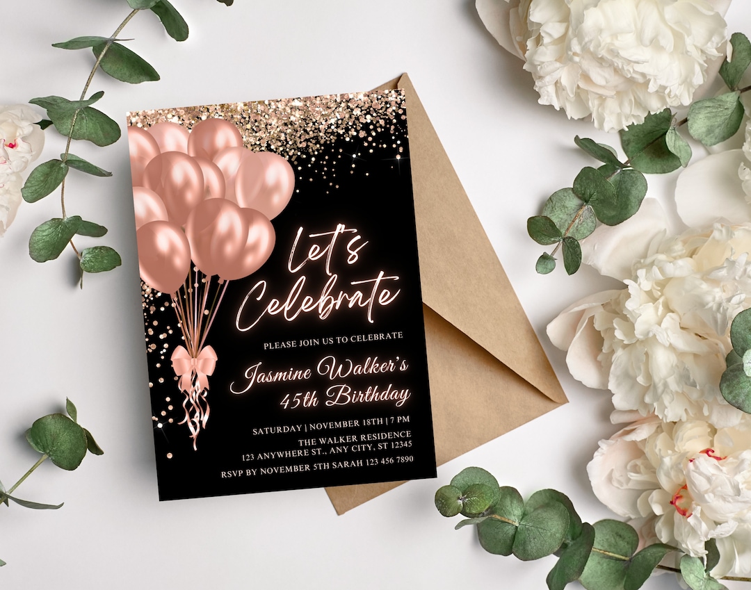 Editable Black Rose Gold Birthday Party Invitation, Printable 5x7 ...