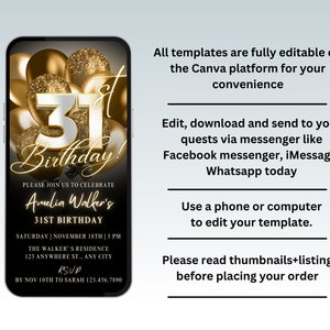 Digital 31st Birthday Party Invitation, Black Gold Invite, Invitation ...