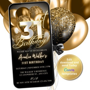 Digital 31st Birthday Party Invitation, Black Gold Invite, Invitation ...