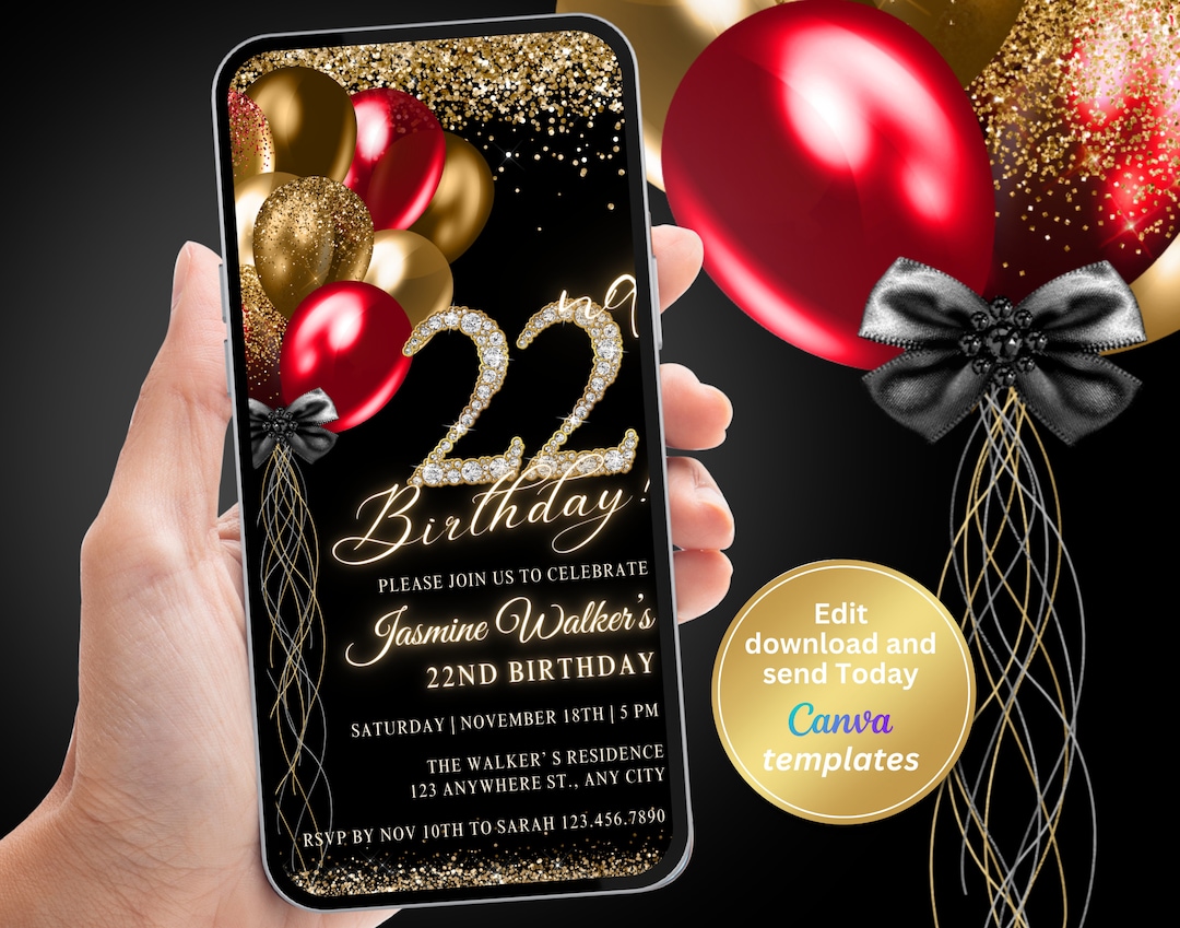 Digital 22nd Birthday Party Invitation for Girl, Girl Birthday Invite ...
