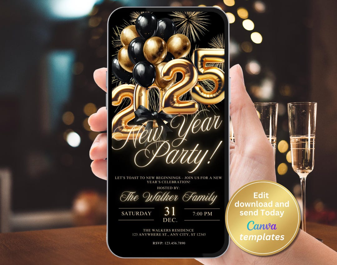 Digital 2025 New Year's Party Invitation With Black and Gold Balloons ...