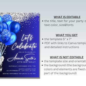 Editable Royal Blue Birthday Party Invitation, Printable 5x7 Invitation ...