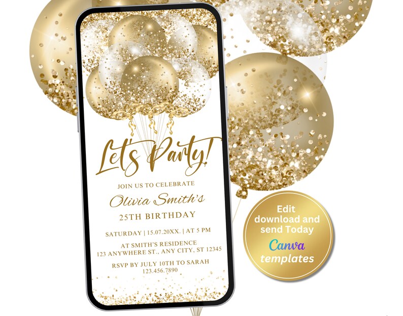 Digital White Gold Birthday Party Invitation, Gold White Glitter ...
