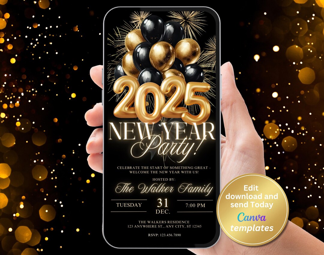 Digital 2025 New Year's Party Invitation With Black and Gold Balloons ...