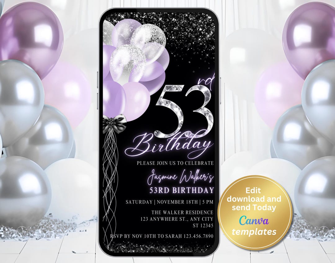 Digital 53rd Birthday Party Invitation for Women, Birthday Silver ...