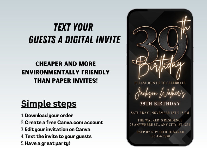 39th Birthday Party Invitation, Black Gold Number Invite, for Men ...