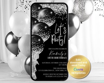 All Black Birthday Invite , Editable , Digital Download - Etsy