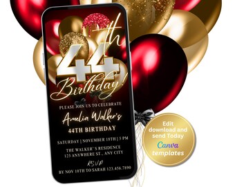 Digital 62nd Birthday Party Invitation for Women, Red Gold Invite ...