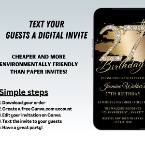 Digital 27th Birthday Party Invitation, Black Gold Invite, Invitation ...