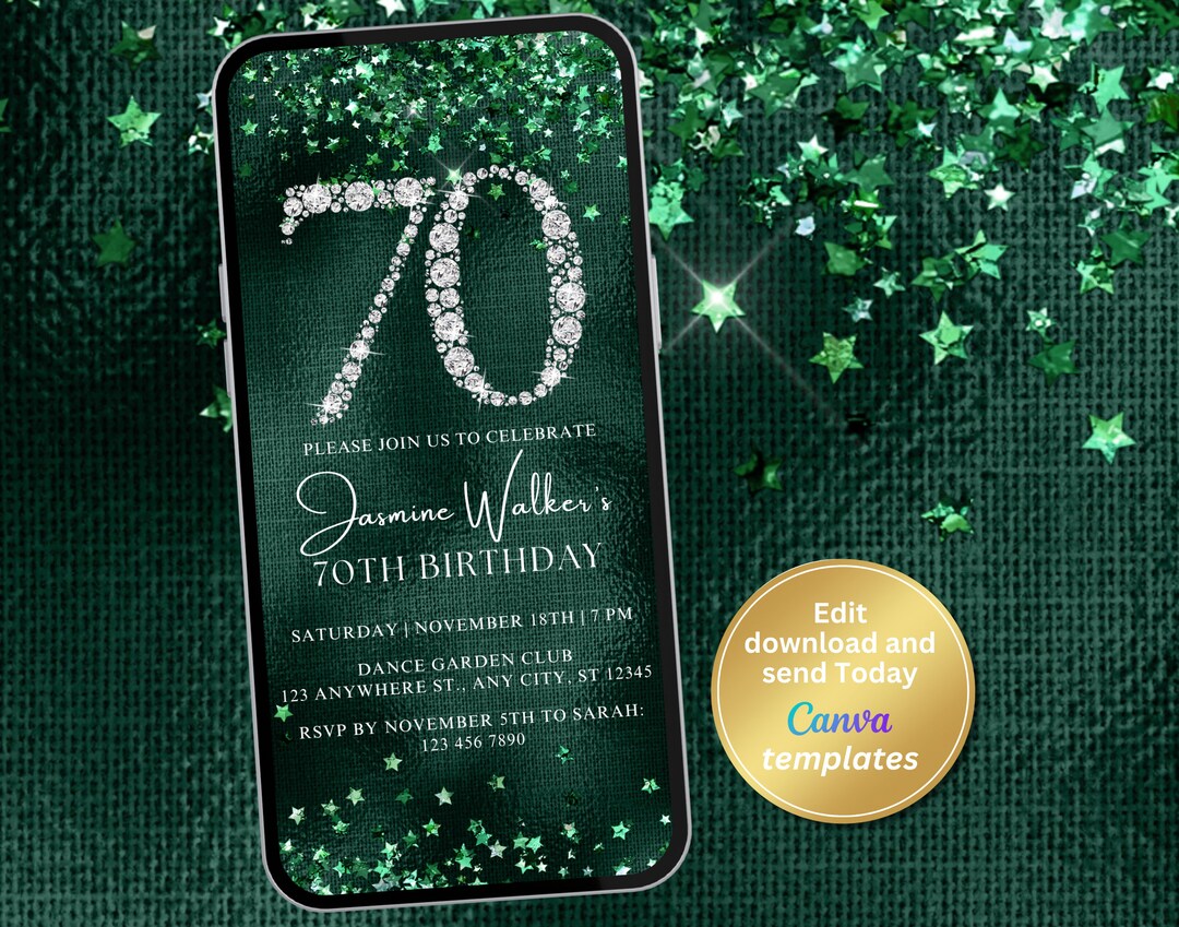 Digital 70th Birthday Party Invitation, Emerald Green Invite ...
