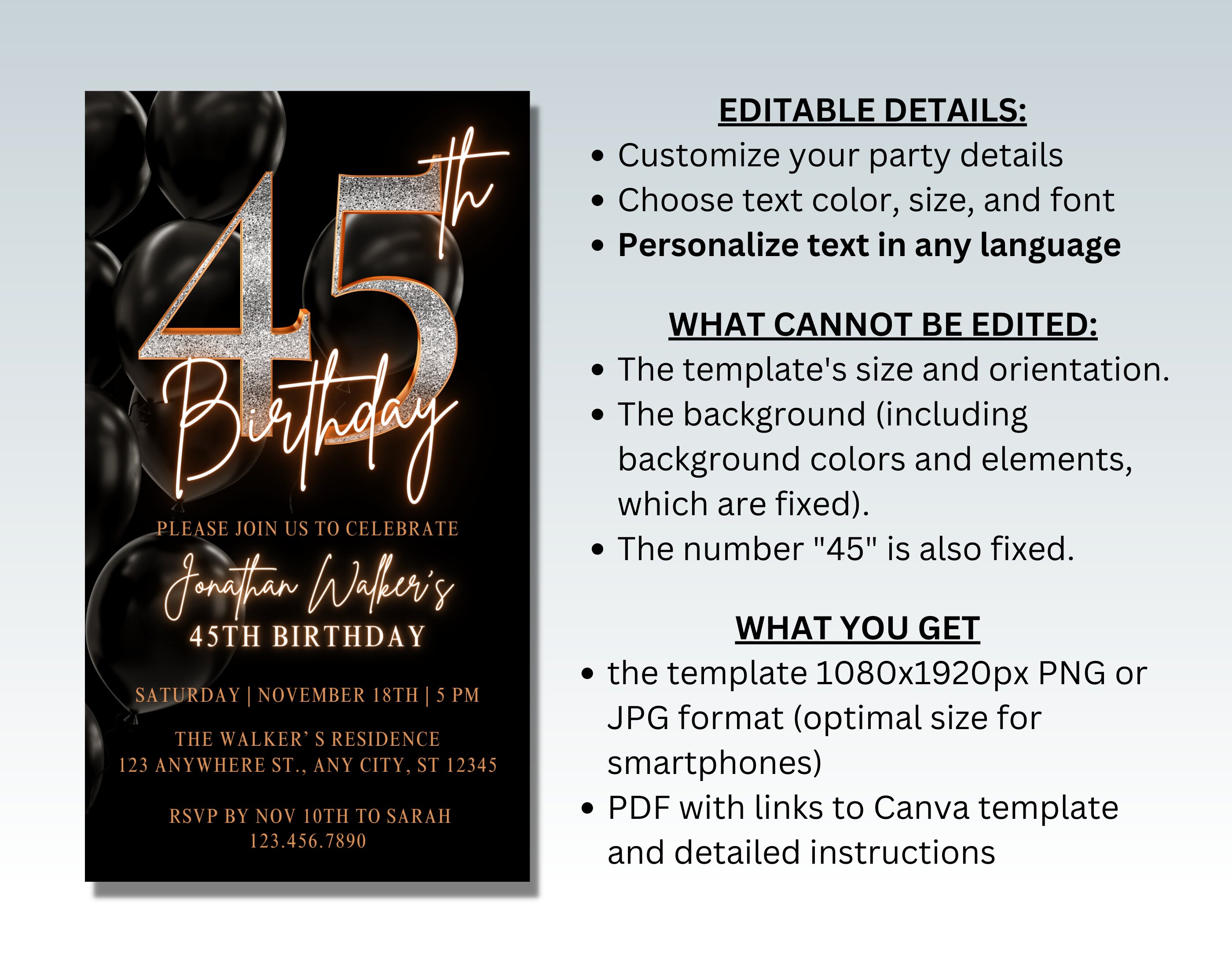 Digital 45th Birthday Invitation Template 45th Bday Invite - Etsy