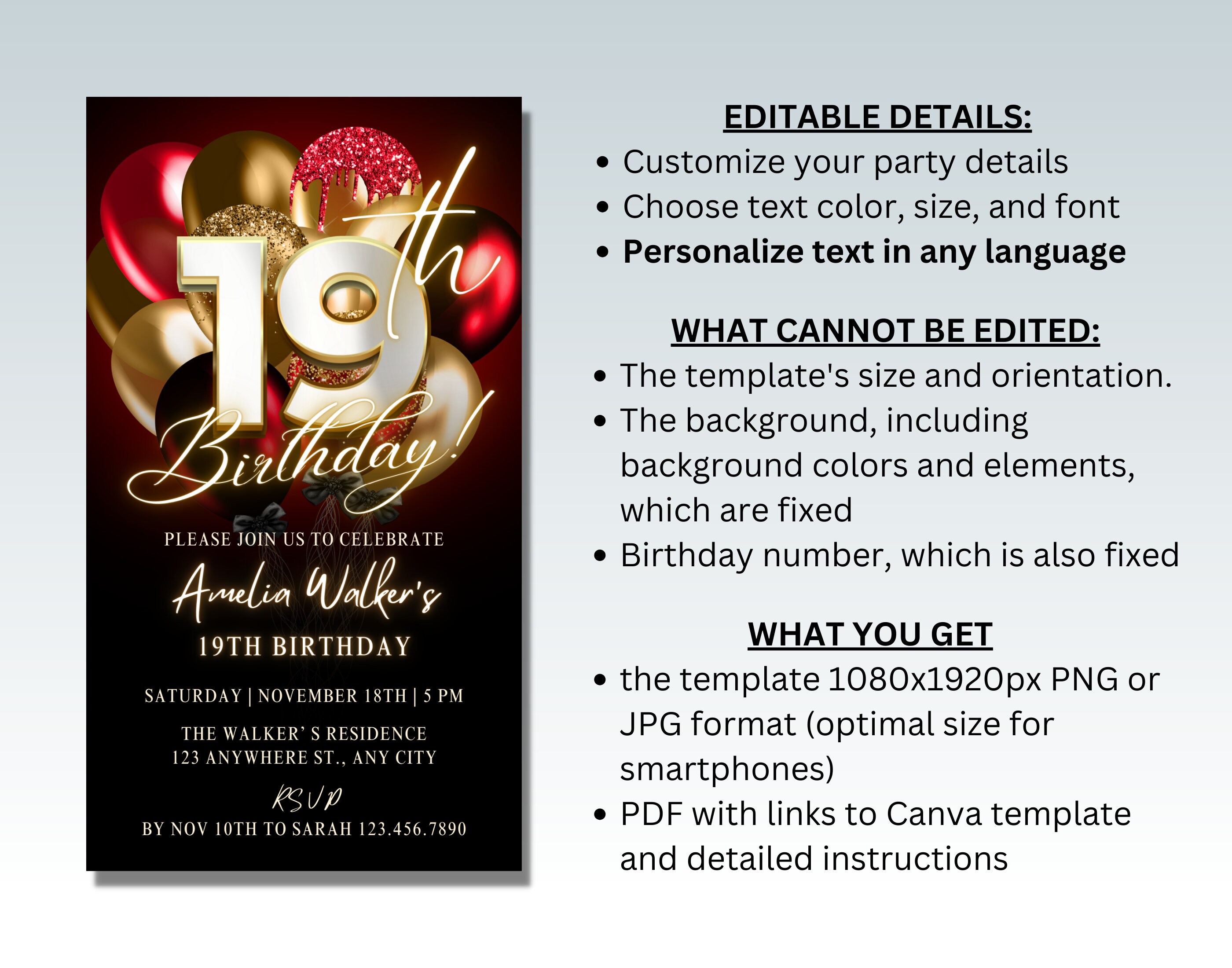 Digital 19th Birthday Party Invitation for Girl, Red Gold Invite, Phone ...