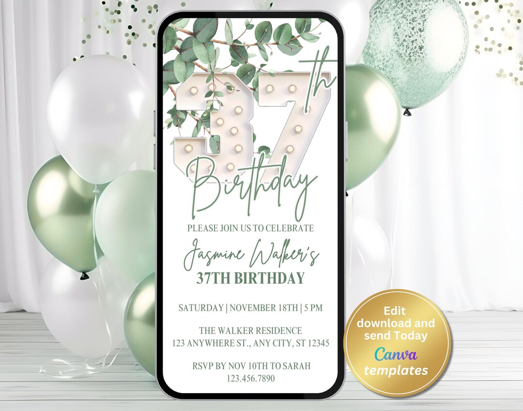 Editable 37th Birthday Invitation for Women, Digital Template, Instant ...