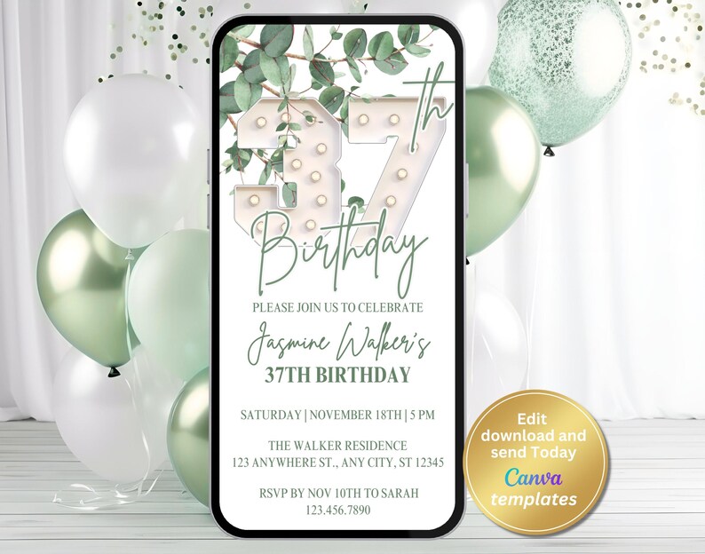 Editable 37th Birthday Invitation for Women, Digital Template, Instant ...