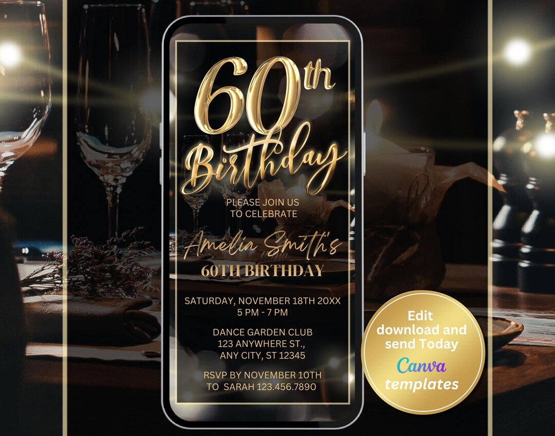 Editable Black Gold 60th Birthday Party Invite, Invitation Template ...