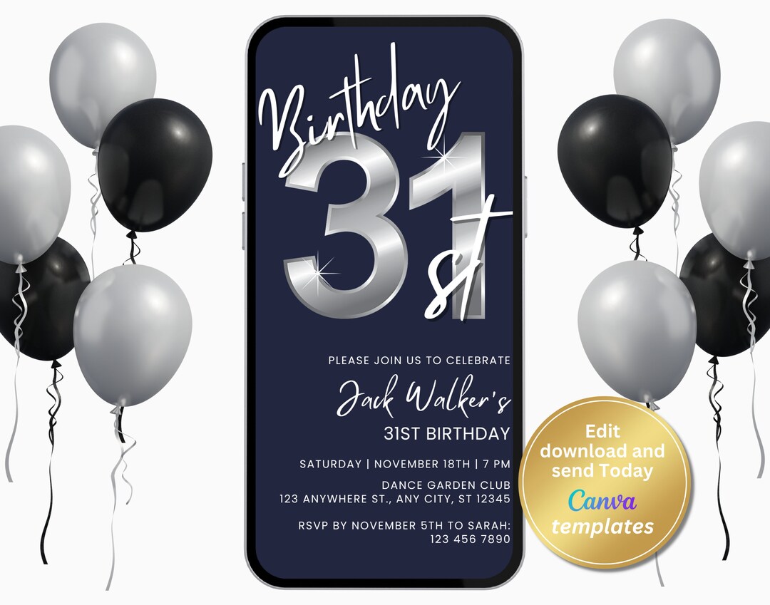 Editable Digital 31st Birthday Invitation With Navy Blue Background ...