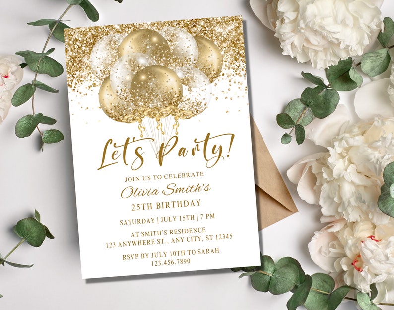 Printable White Gold Birthday Party Invitation 5x7 Template - Etsy