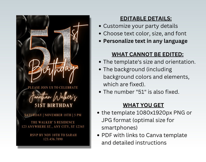 Digital 51st Birthday Invitation Template 51st Bday Invite - Etsy