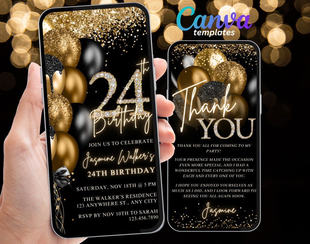 Digital 24th Birthday Invitation for Girl, Thank You Card, Black Gold ...