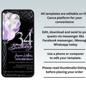 Digital 34th Birthday Party Invitation for Women, Birthday Silver ...