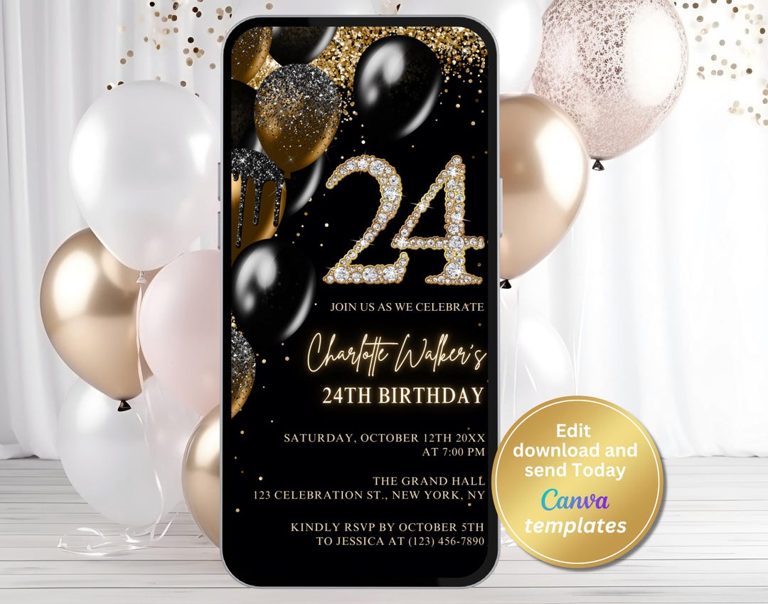 Elegant 24th Birthday Party Invitation – Black & Gold With Gold Diamond ...