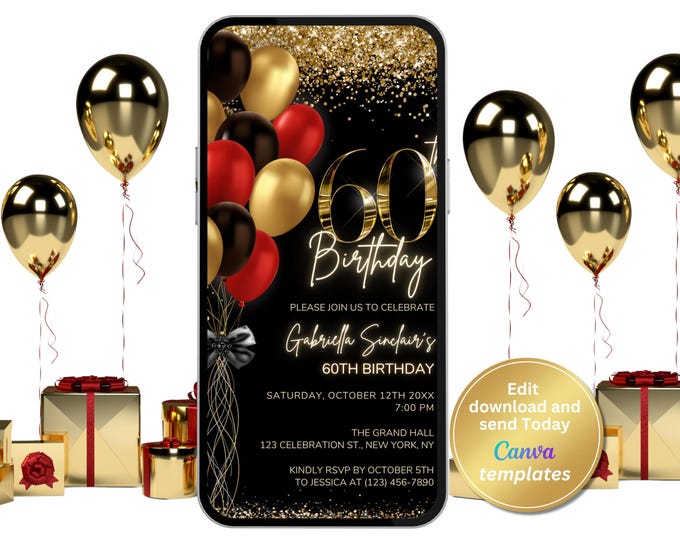 Editable 60th Birthday Invitation for Women Maroon Gold Canva Digital ...
