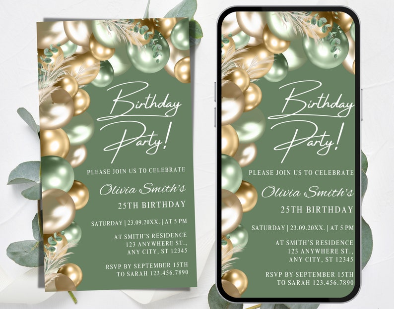 Digital Sage Green Birthday Party Invitation Sage Green Gold - Etsy