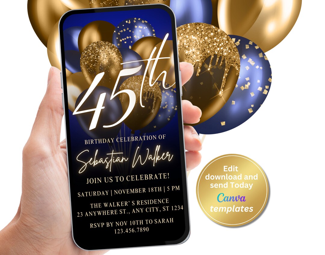 Digital 45th Birthday Invitation, Black Navy Blue and Gold, Phone Text ...
