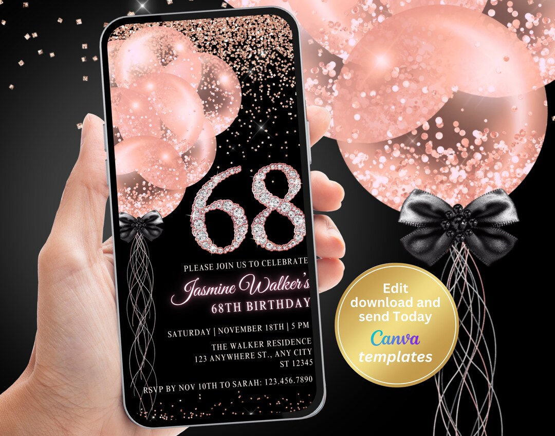 Digital 68th Birthday Party Invitation for Women, Rose Gold Invite ...