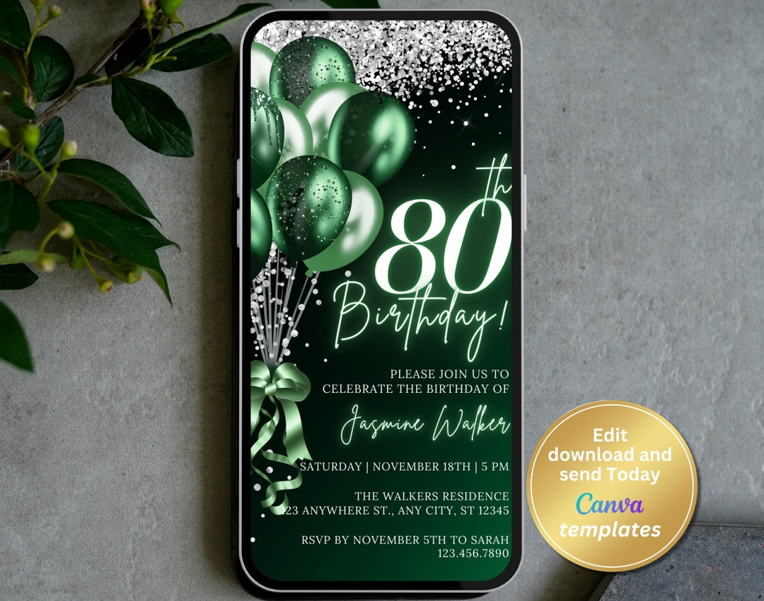 Digital 80th Birthday Party Invitation, Editable Template, Instant ...