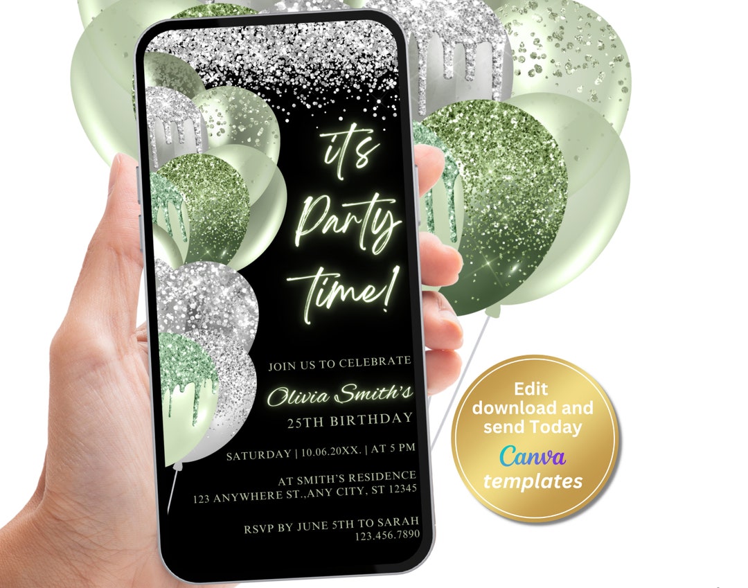 Digital Sage Green Birthday Party Invitation, Sage Green Silver, Phone ...