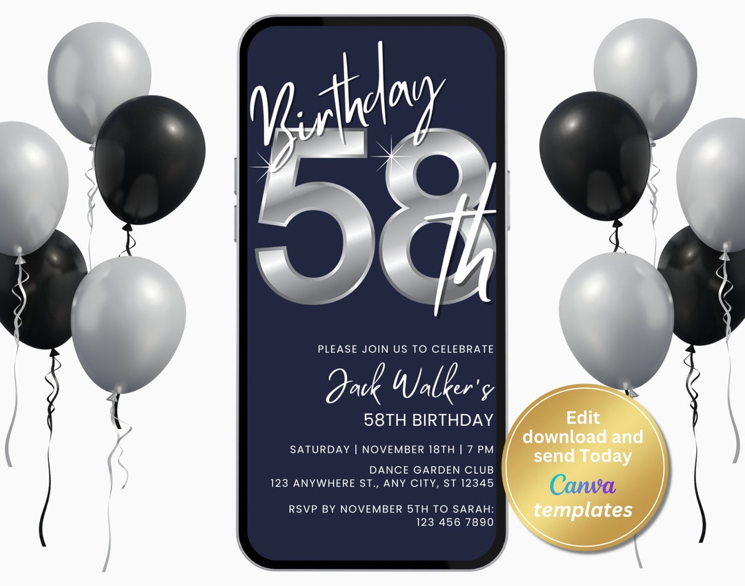 Editable Digital 58th Birthday Invitation With Navy Blue Background ...