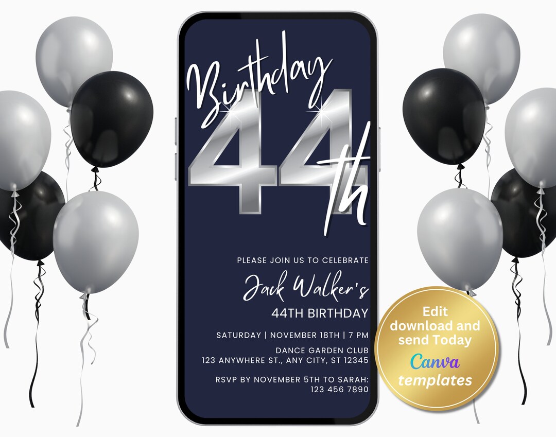 Editable Digital 44th Birthday Invitation With Navy Blue Background ...