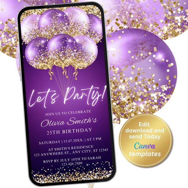 Purple Birthday Party Invitations - Etsy