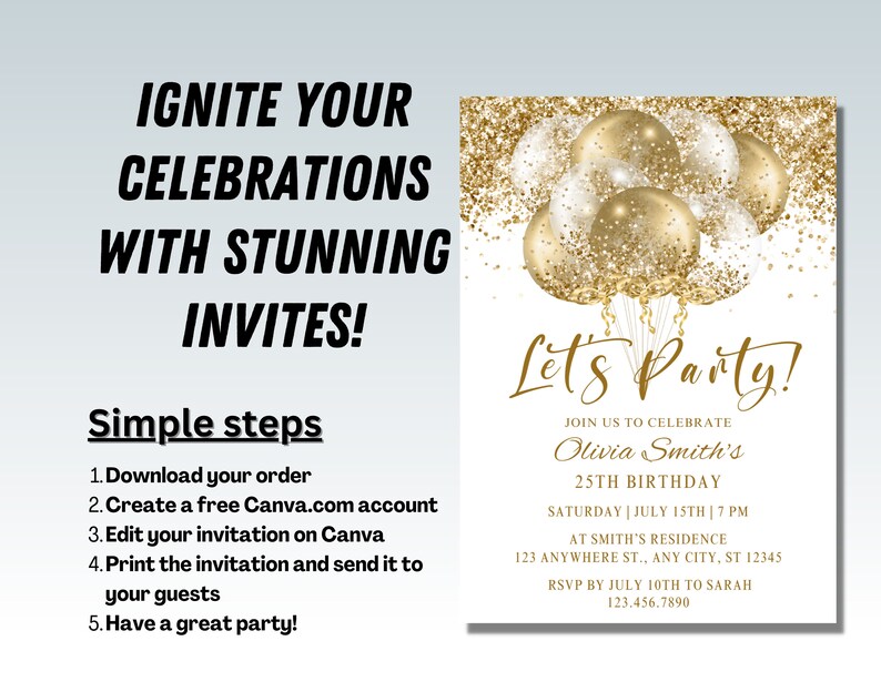 Printable White Gold Birthday Party Invitation 5x7 Template - Etsy