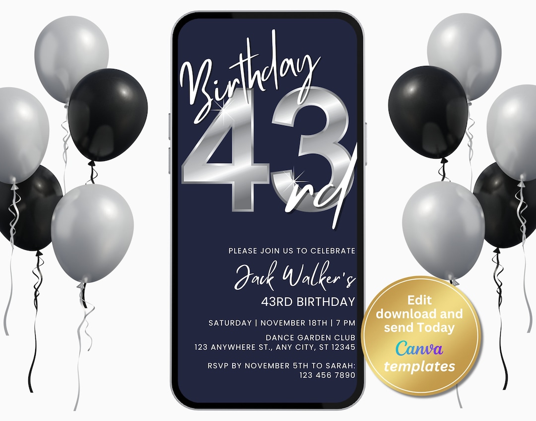 Editable Digital 43rd Birthday Invitation With Navy Blue Background ...