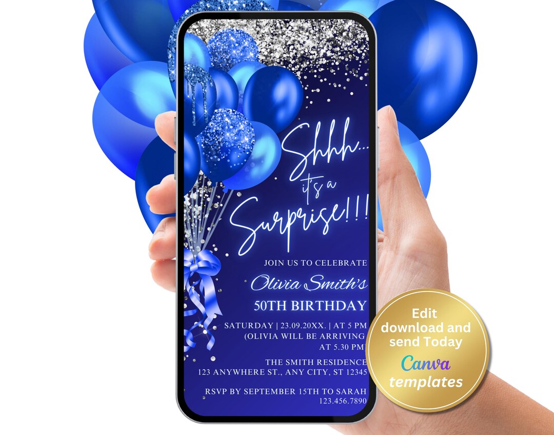 Royal Blue Surprise Birthday Invitation Canva Template, Digital ...