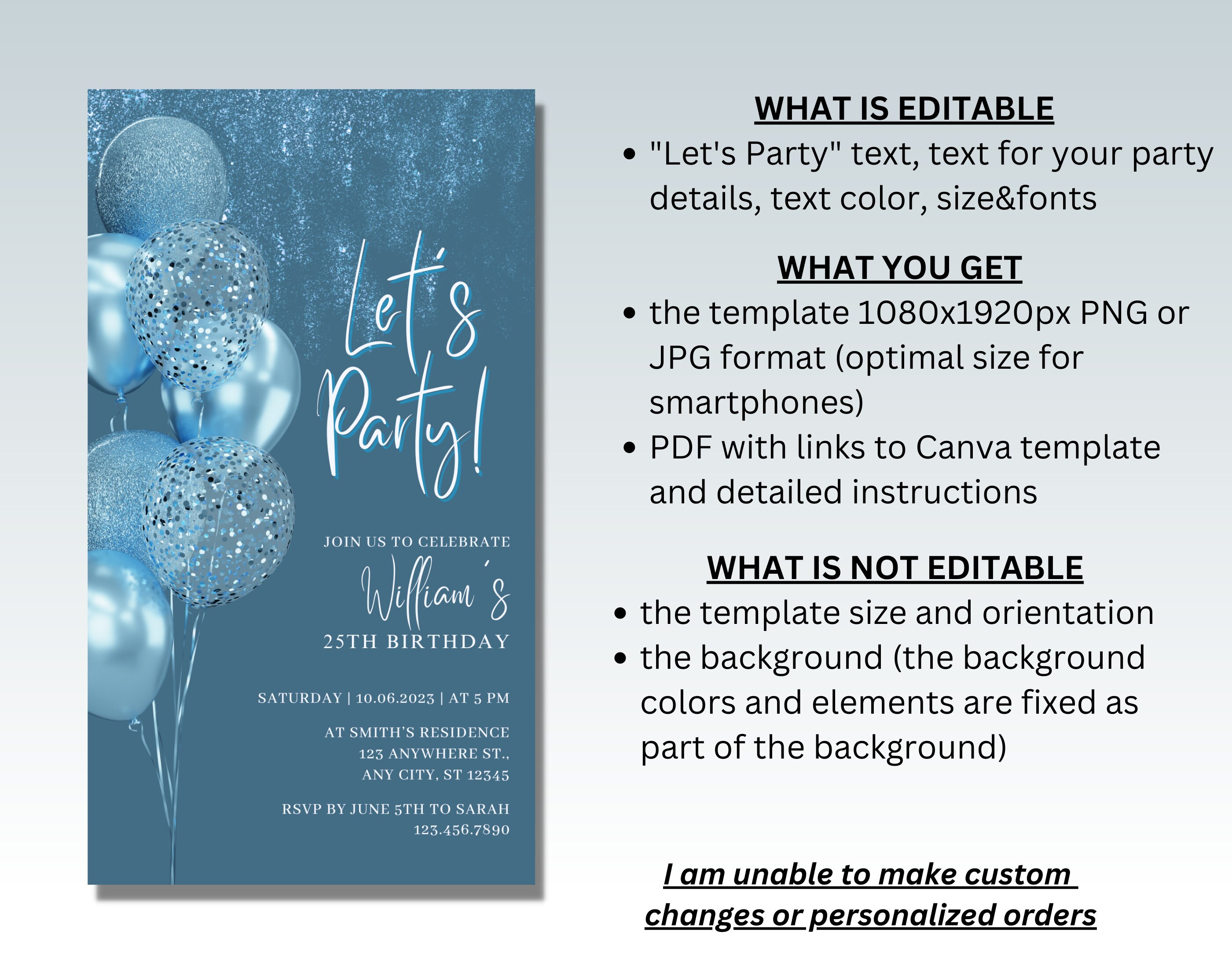 Editable Blue Birthday Party Invitation Baby Blue Kashmir - Etsy