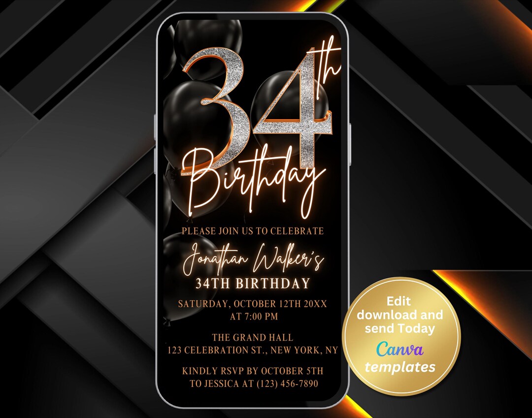 Digital 34th Birthday Party Invitation for Men – Black Balloons ...