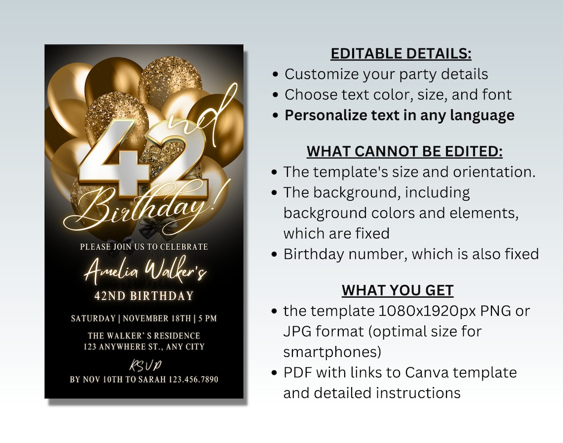 Digital 42nd Birthday Party Invitation Black Gold Invite - Etsy