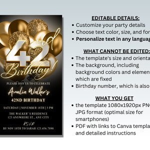 Digital 42nd Birthday Party Invitation, Black Gold Invite, Invitation ...