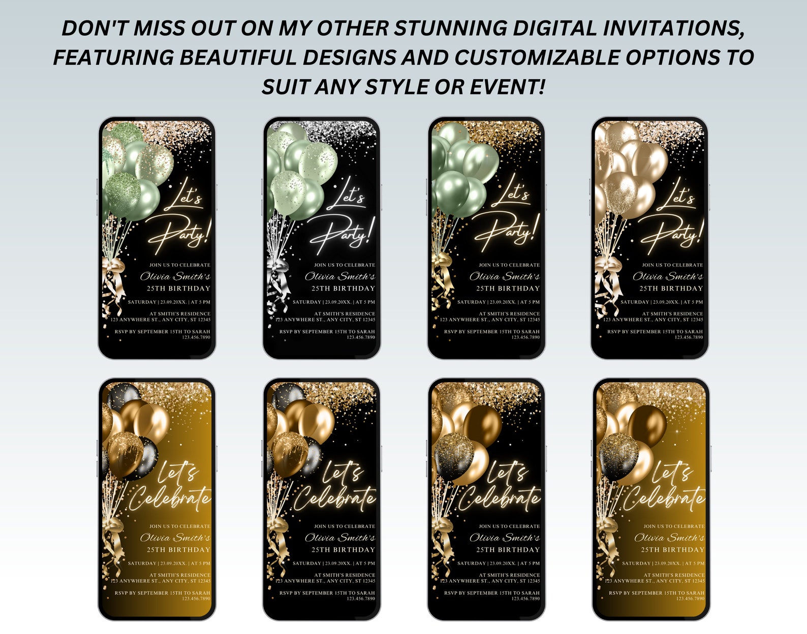Digital Sage Green Birthday Party Invitation, Sage Green Gold, Editable ...