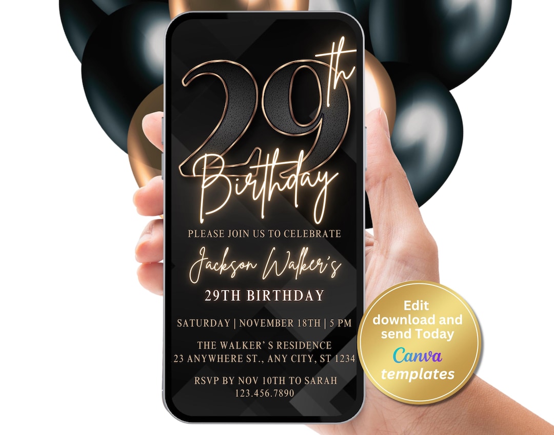 29th Birthday Party Invitation, Black Gold Number Invite, for Men ...