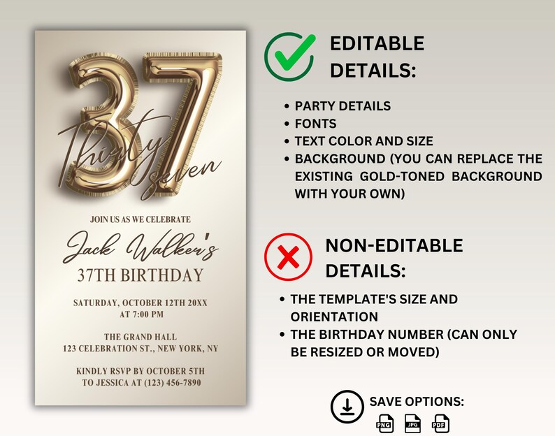 Minimalist 37th Birthday Invitation – Gold Foil Digital Evite for Men ...