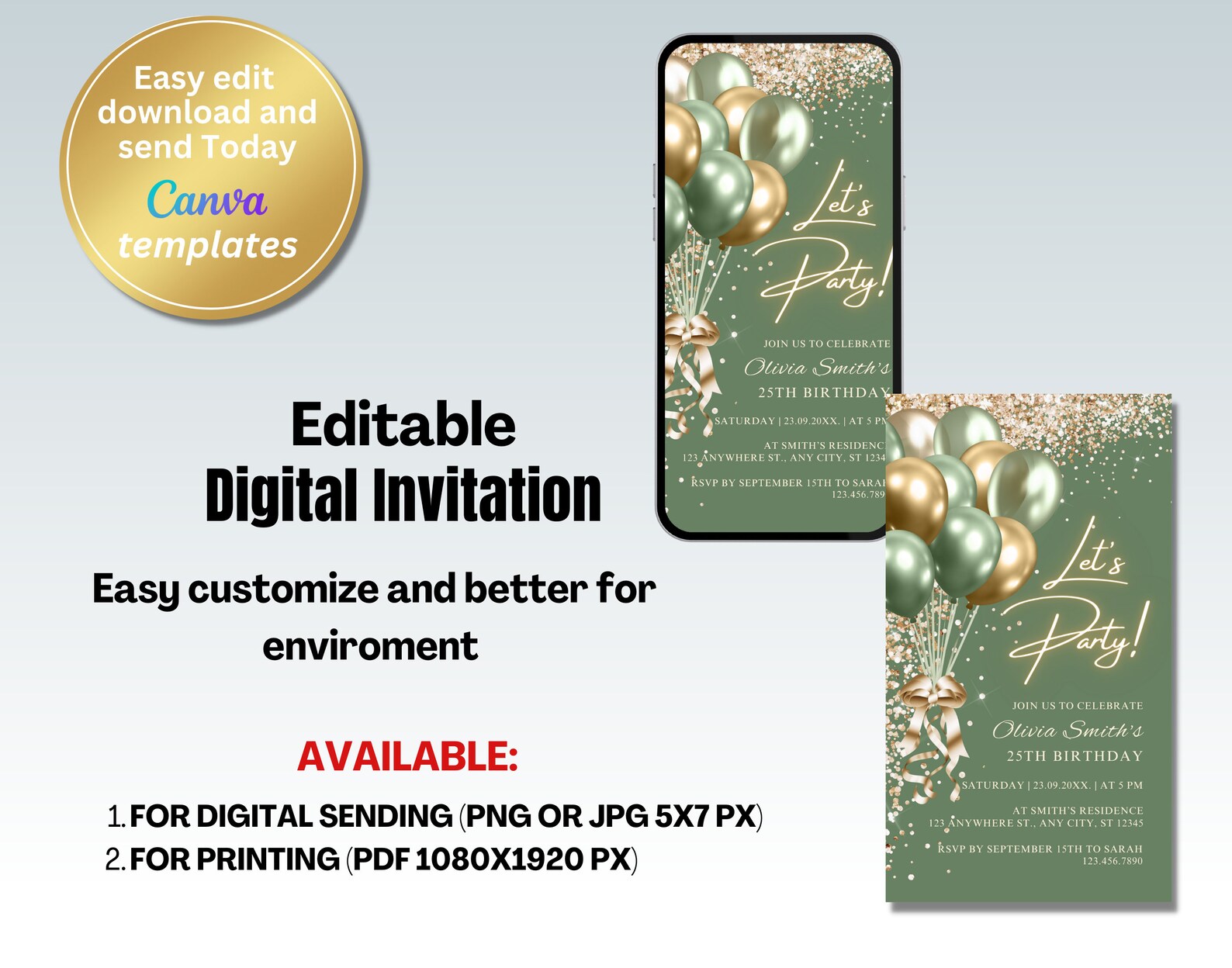 Digital Sage Green Birthday Party Invitation Sage Green Gold - Etsy
