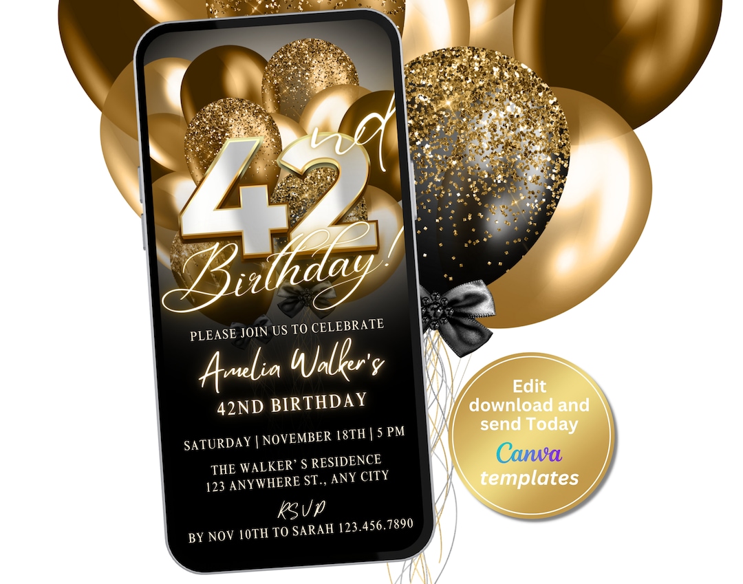 Digital 42nd Birthday Party Invitation, Black Gold Invite, Invitation ...