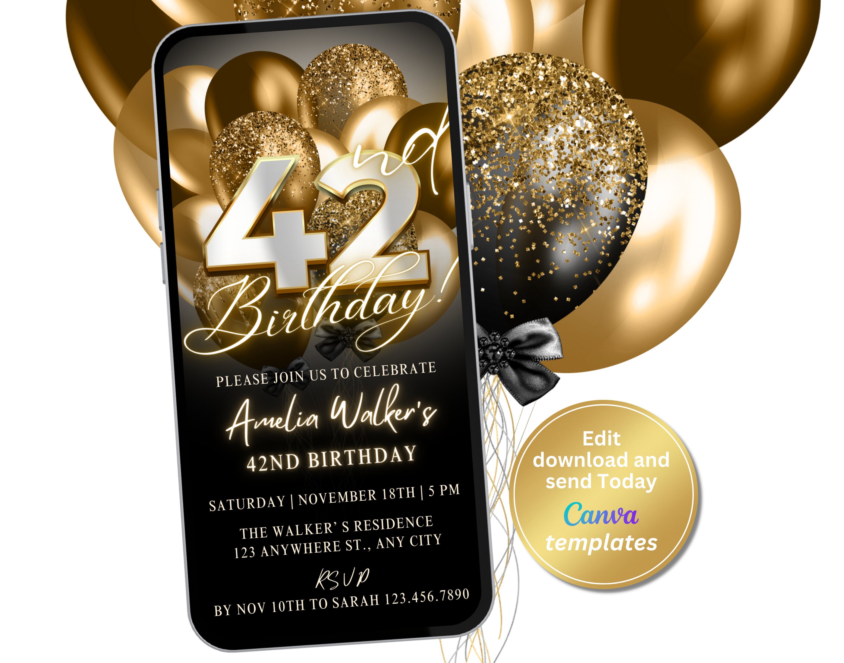 Digital 42nd Birthday Party Invitation Black Gold Invite - Etsy